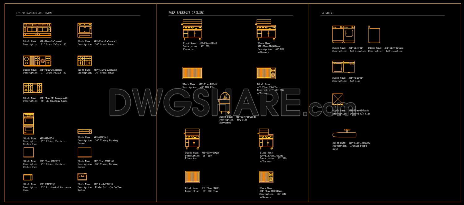 250. CAD blocks for refrigerator, freezer, oven, and various types of doors