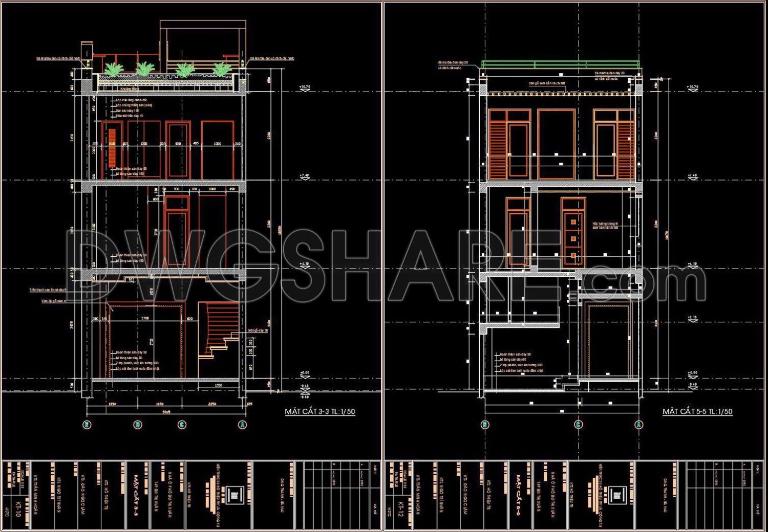 255. The CAD drawings of the floor plan, elevation, and cross-sections of the 3-story house with ...