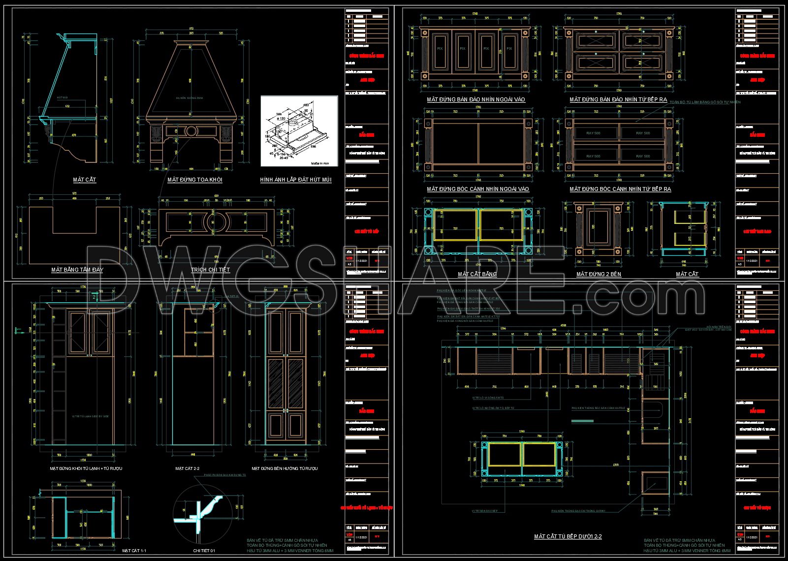 94. Technical CAD drawing detailing kitchen cabinets, island tables ...