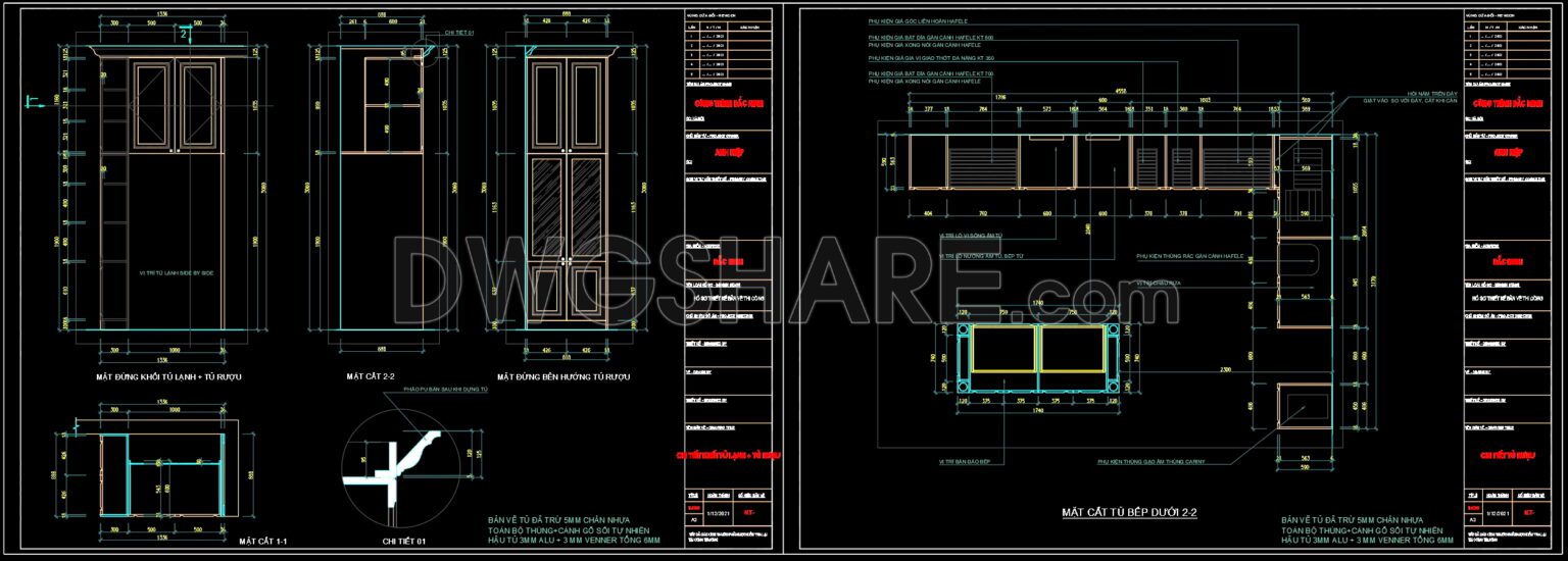 94. Technical CAD drawing detailing kitchen cabinets, island tables ...