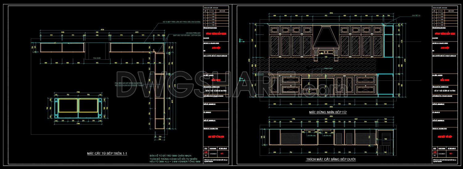 94. Technical CAD drawing detailing kitchen cabinets, island tables ...