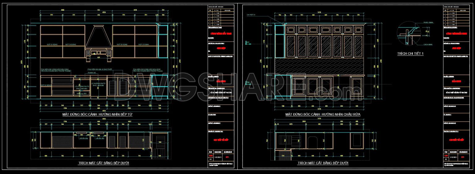94. Technical CAD drawing detailing kitchen cabinets, island tables ...