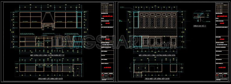94. Technical CAD drawing detailing kitchen cabinets, island tables ...