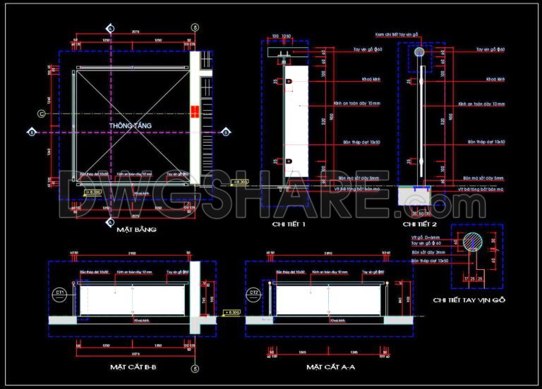 151. CAD drawings of detailed glass balustrade staircase