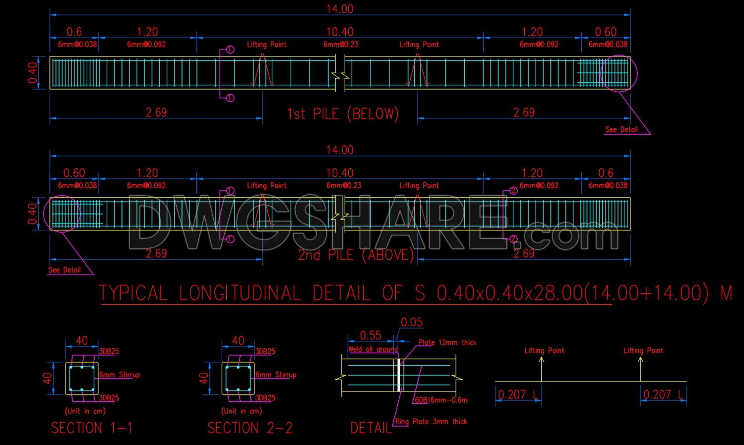 159. Cad Drawing Of Reinforced Concrete Square Pile Details For Download