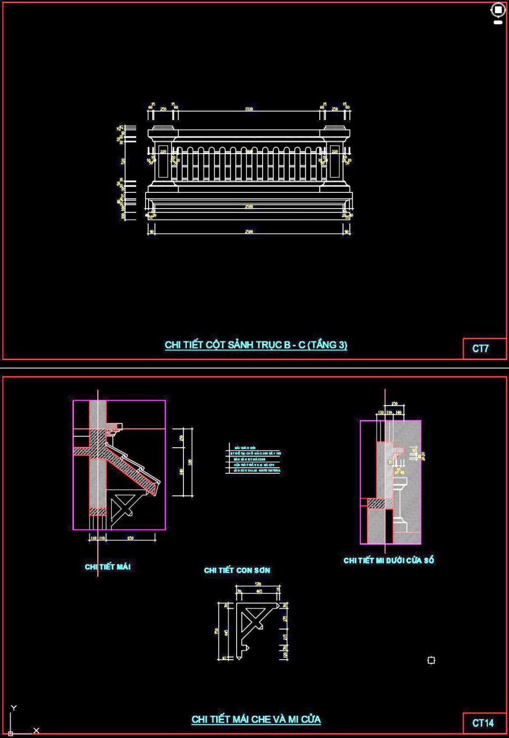 236. Detailed architectural CAD drawings of balconies and columns