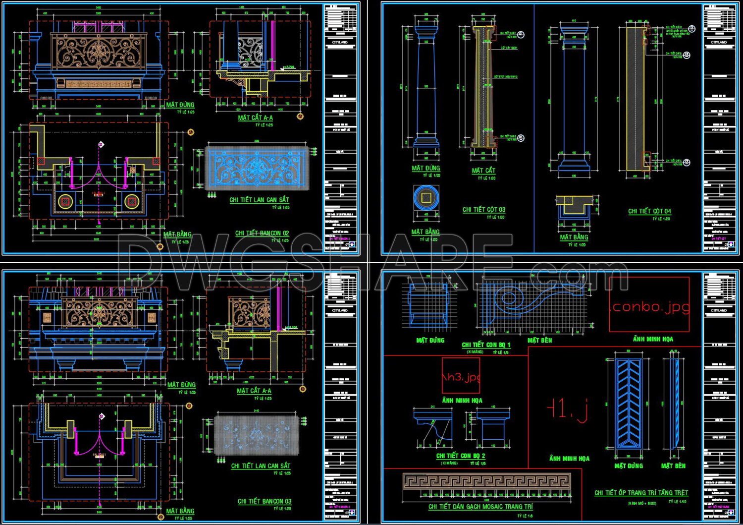 237. Detailed architectural CAD drawings of balconies and columns