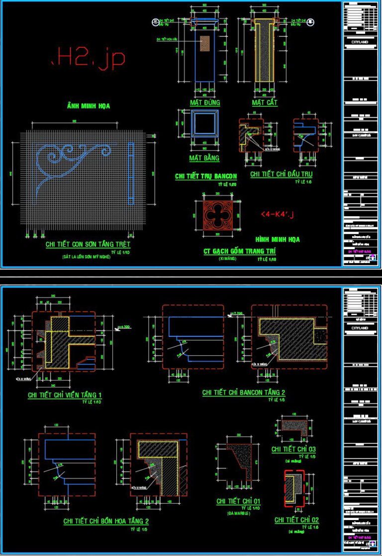 237. Detailed architectural CAD drawings of balconies and columns