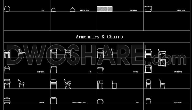 255. CAD blocks of various types of seating furniture, including chairs ...