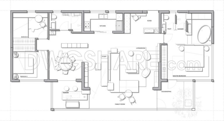 201. Functional floor plan CAD drawing of an apartment with an area of ...