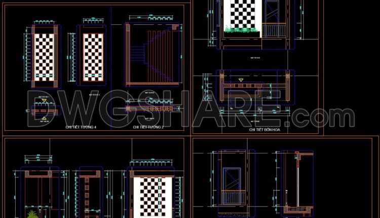 244. Detailed architectural CAD drawings of balconies, fence, flower ...