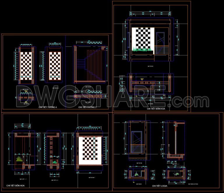 244. Detailed architectural CAD drawings of balconies, fence, flower ...