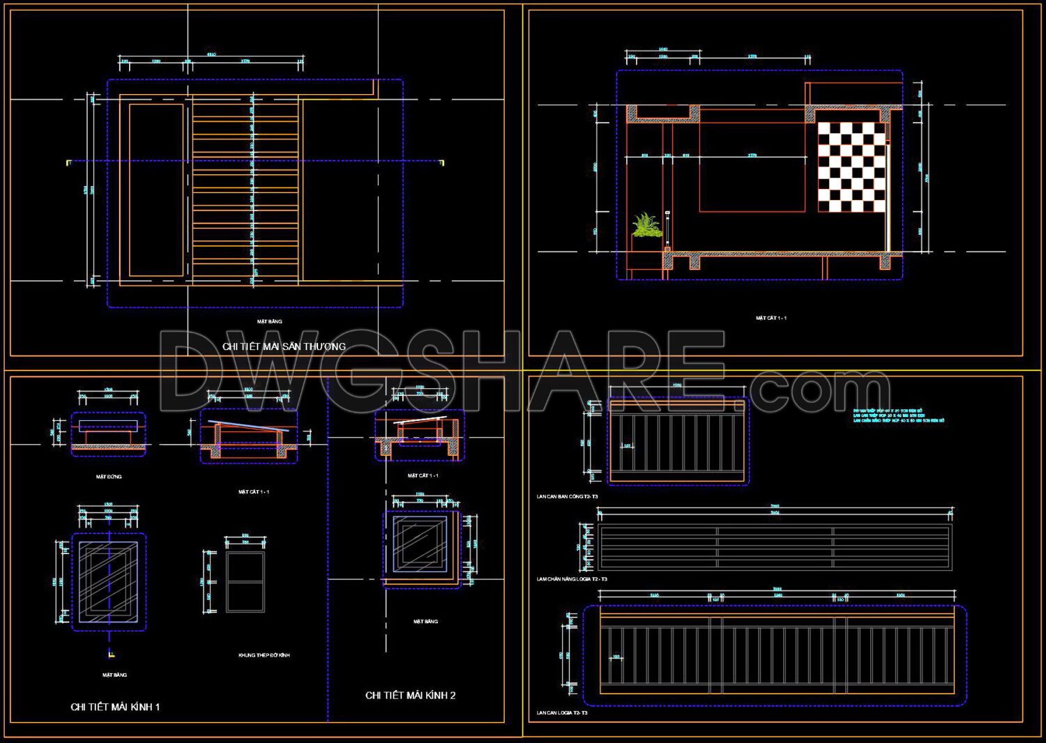 244. Detailed architectural CAD drawings of balconies, fence, flower ...