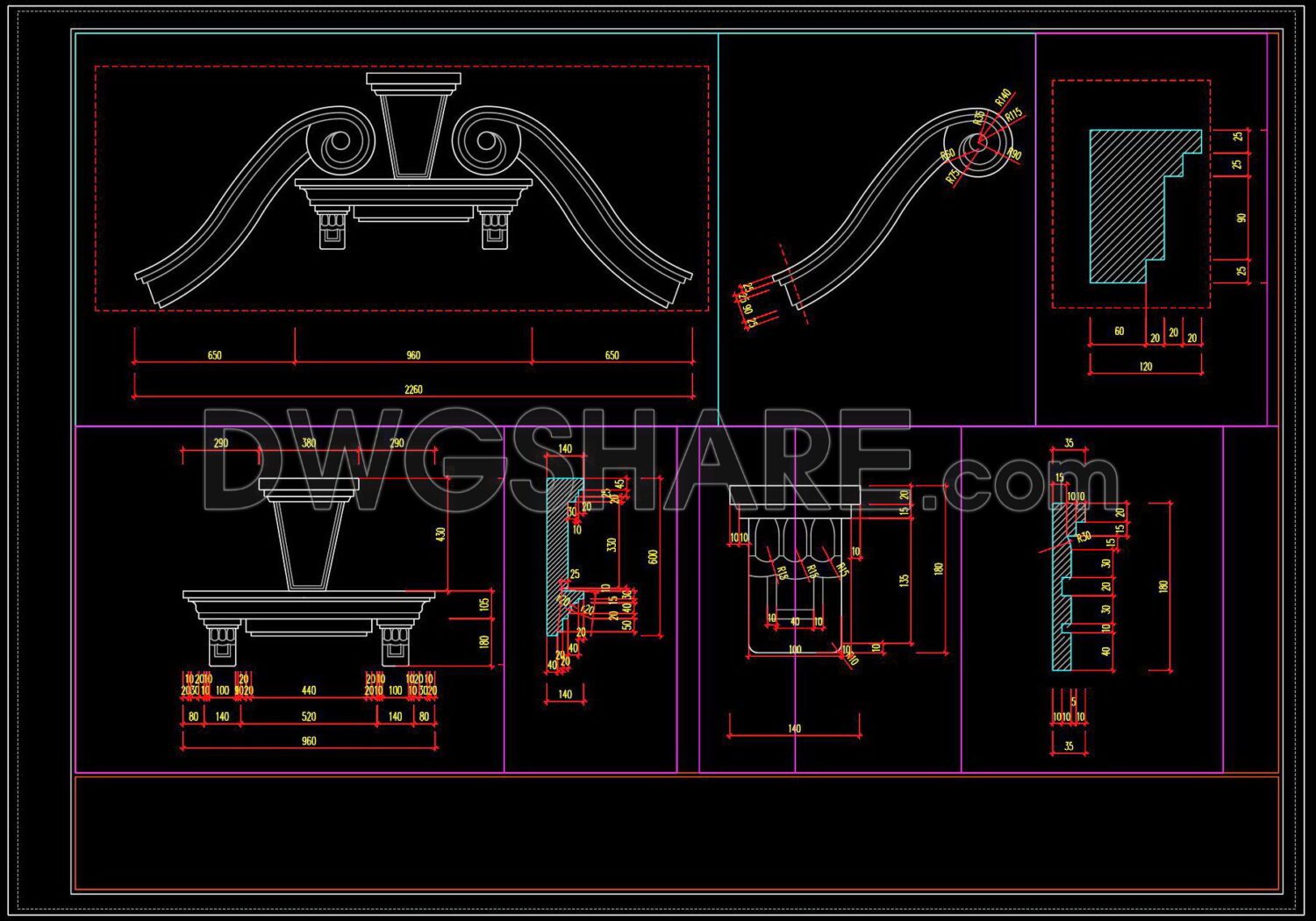 245. Detailed architectural CAD drawings of balconies and columns