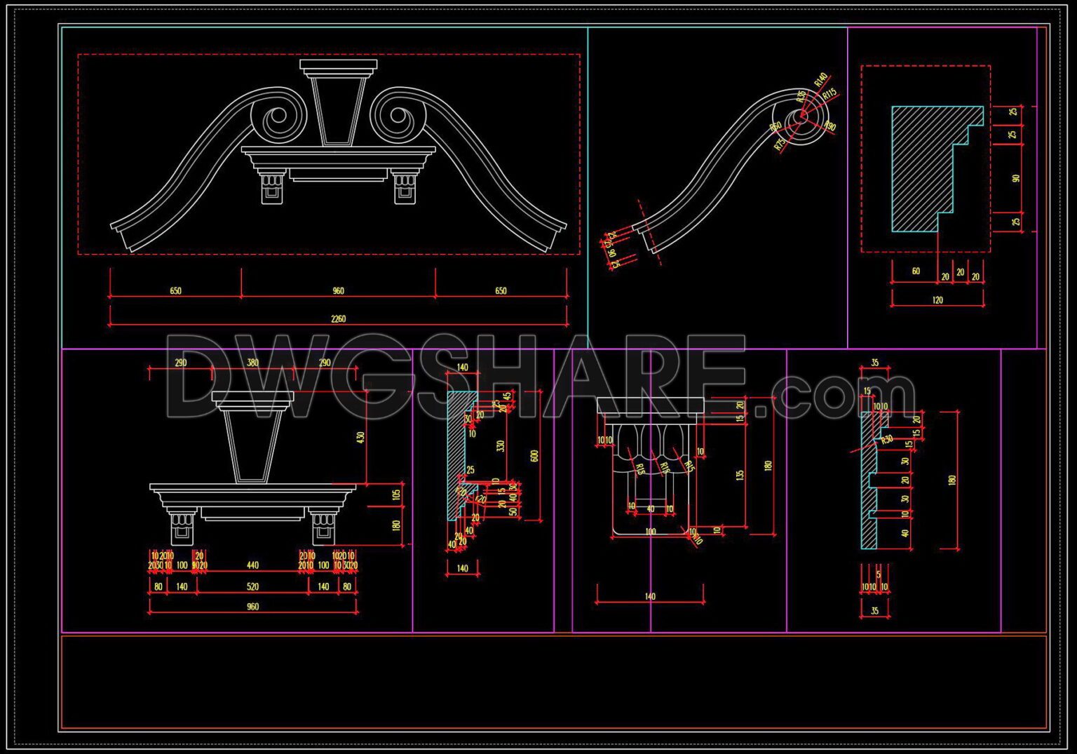 245. Detailed architectural CAD drawings of balconies and columns
