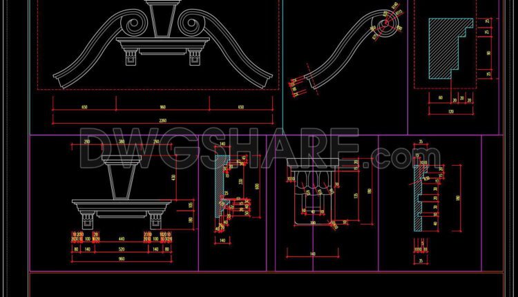 245. Detailed architectural CAD drawings of balconies and columns ...
