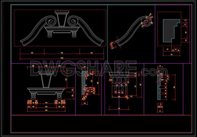 245. Detailed architectural CAD drawings of balconies and columns