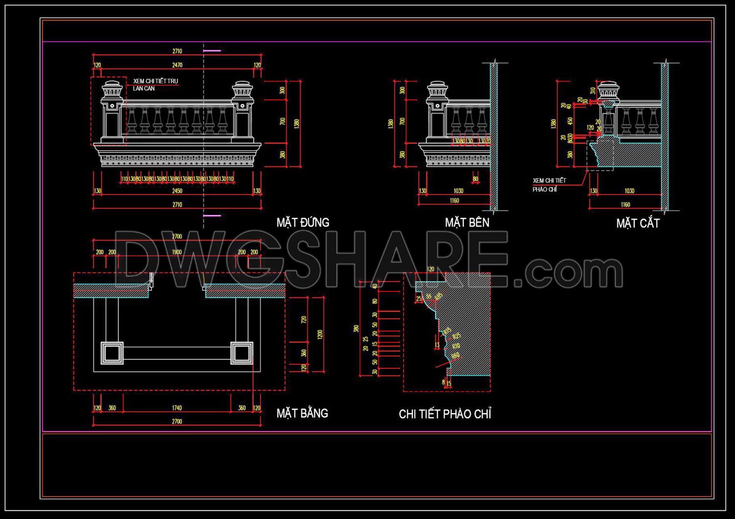 245. Detailed architectural CAD drawings of balconies and columns