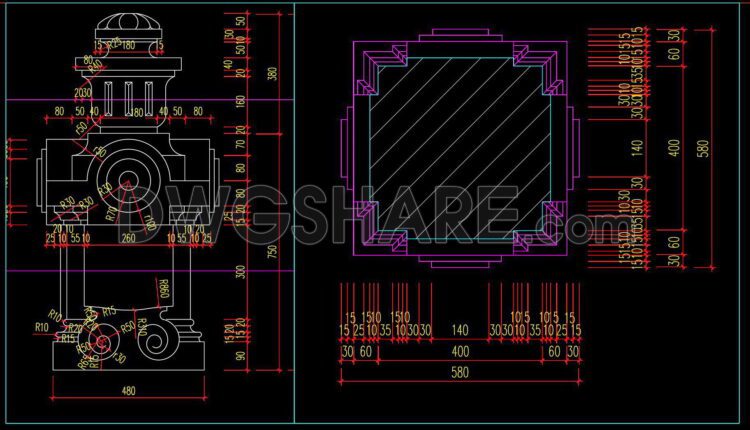 245. Detailed architectural CAD drawings of balconies and columns ...