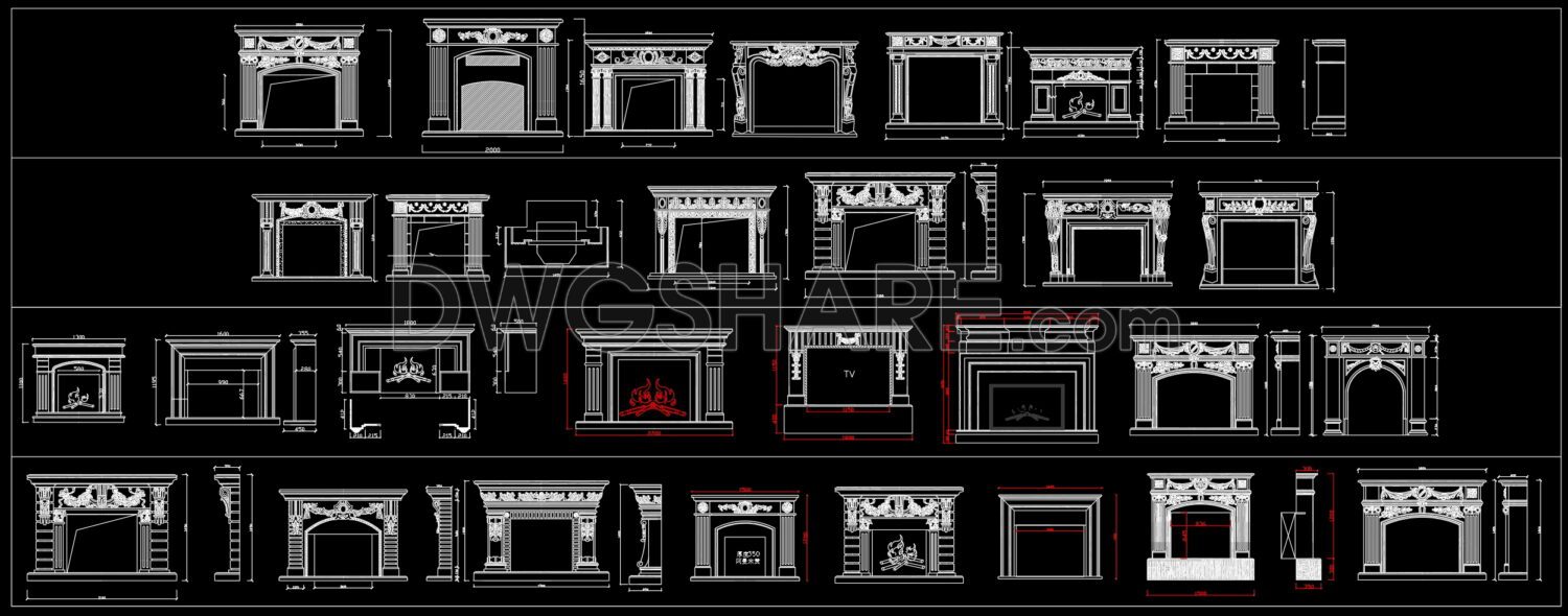 47. Download CAD drawings of various European fireplaces