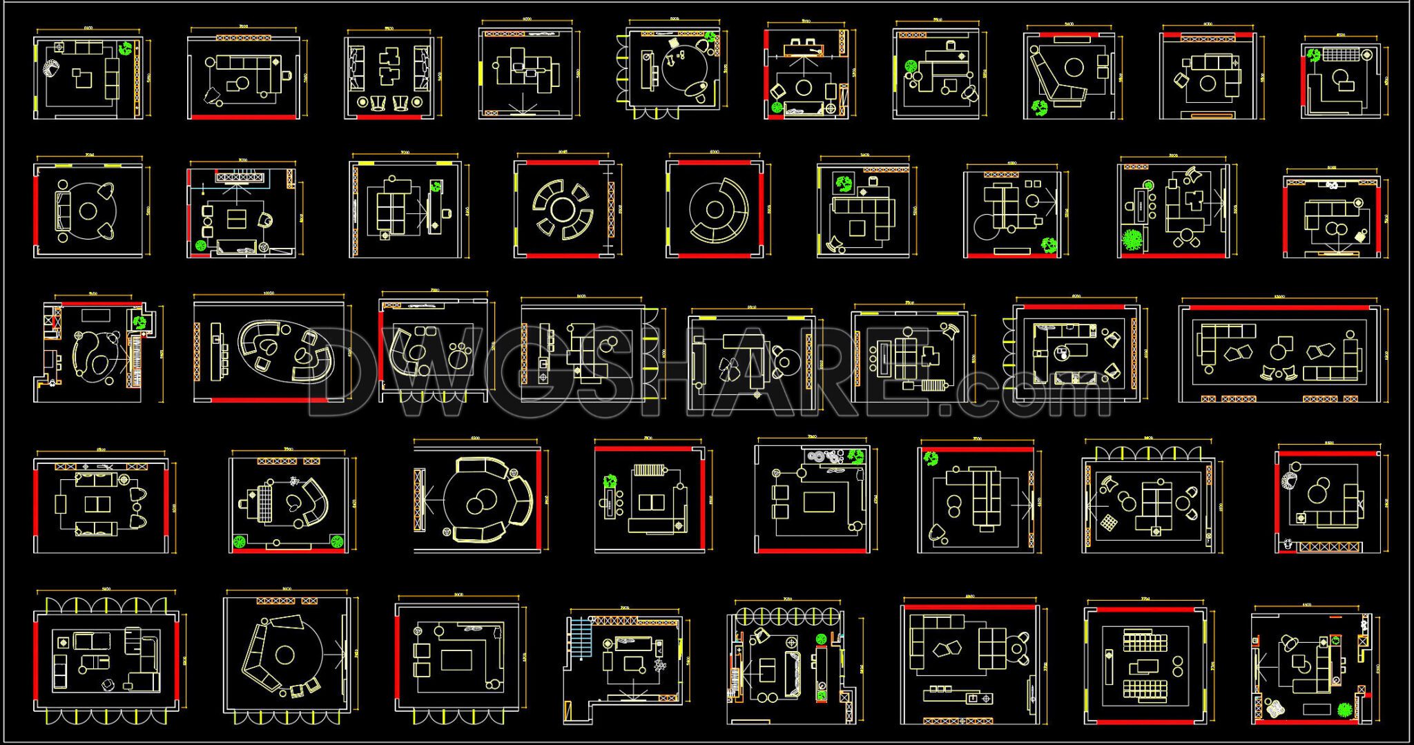 5. Download 100 CAD drawings of residential Living room layout plans
