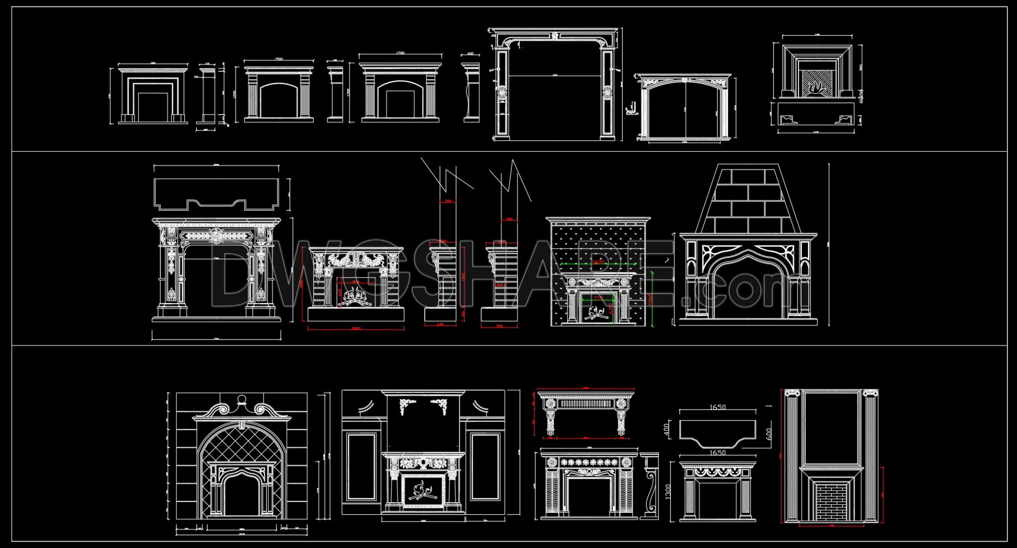 50. Download CAD drawings of various European fireplaces