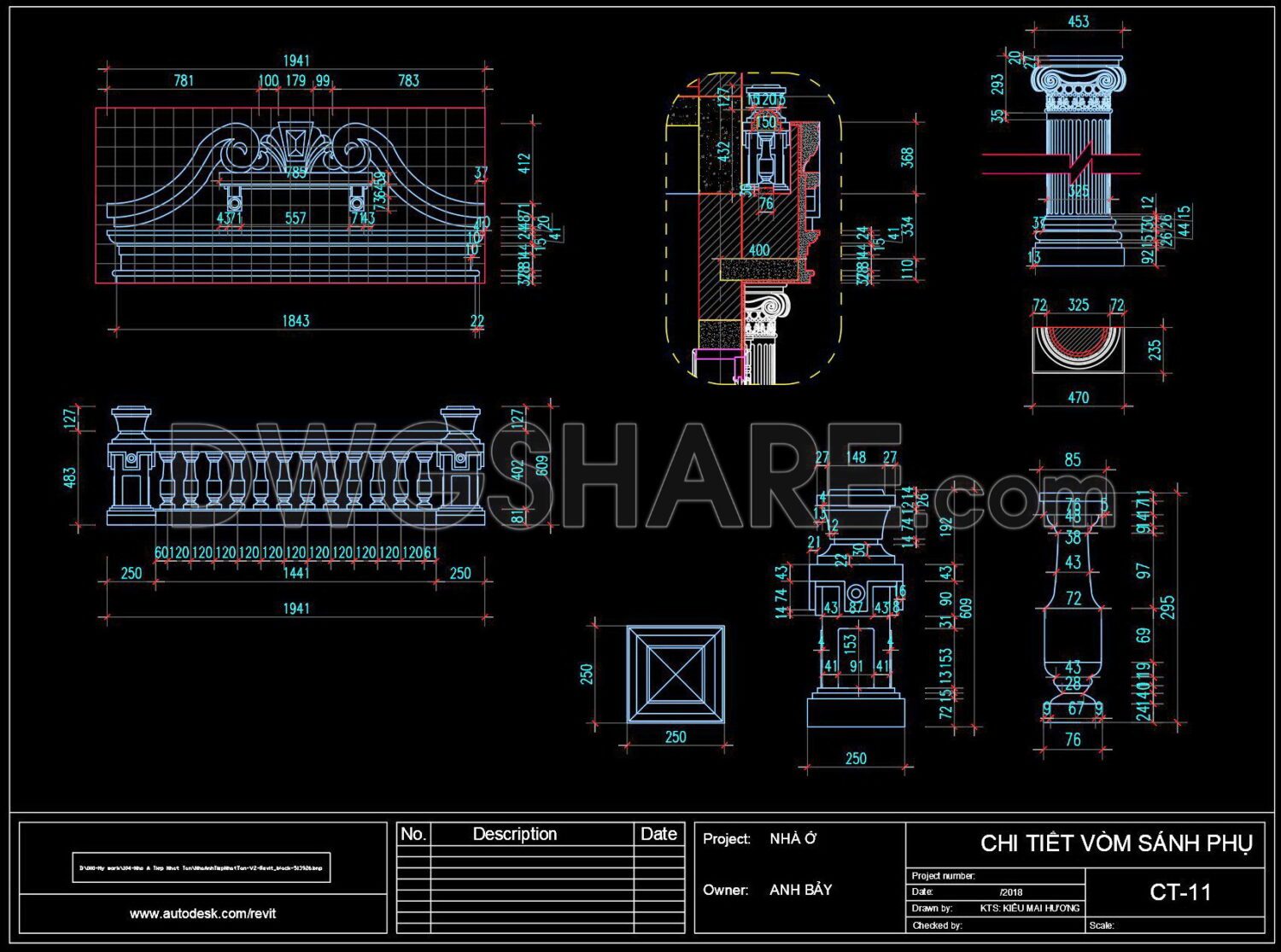 250. Detailed AutoCAD drawings of vertical facades in classical ...
