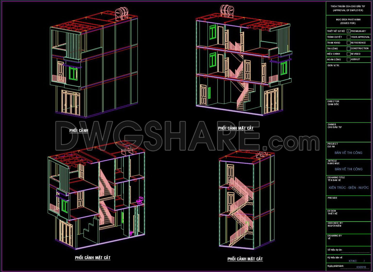 287. CAD design drawings for a 3-story townhouse with dimensions of 4 ...
