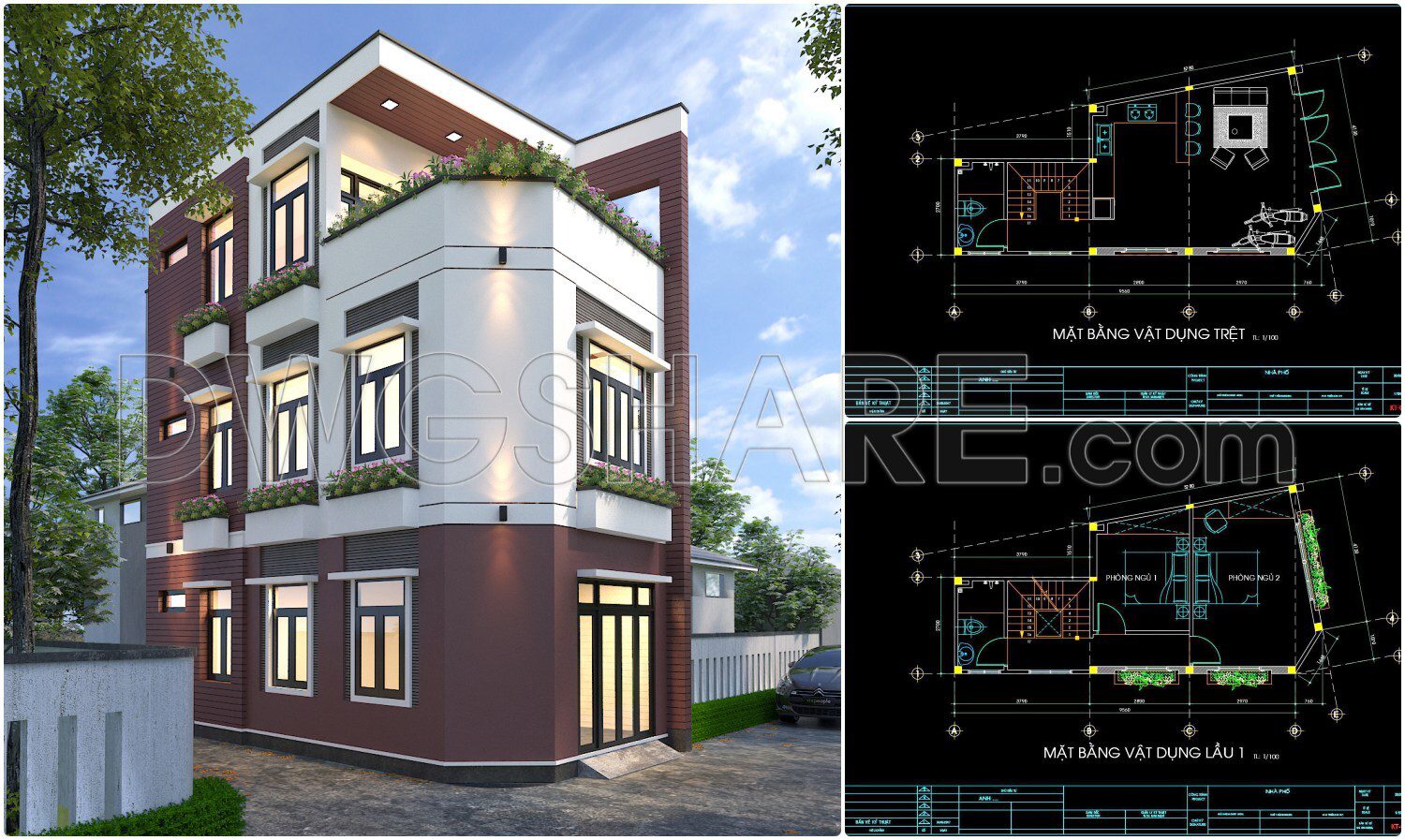 290. CAD design drawings for a 3-story townhouse with dimensions of 5m ...