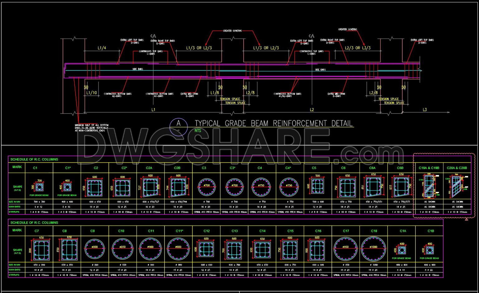 174. CAD drawing Of Grade beam and columns free download