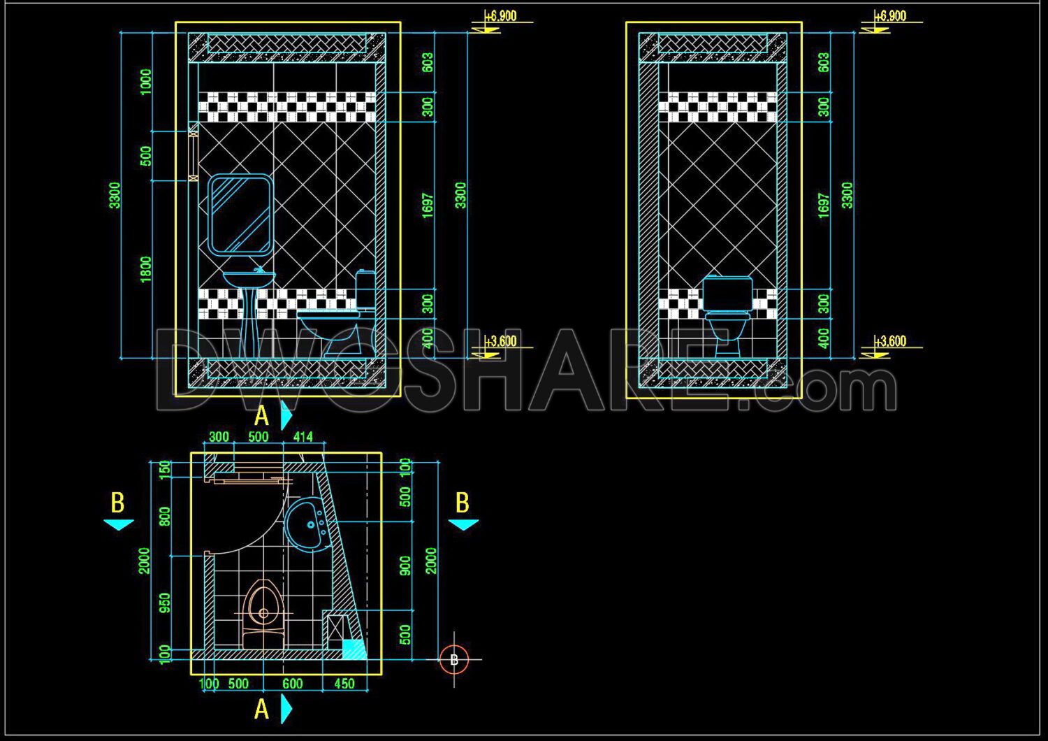 194. WC Layout Plan and elevations details CAD drawings download