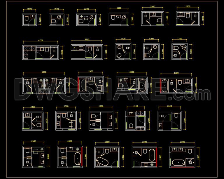 204. CAD blocks of layout plans for the functionality of bathrooms and ...