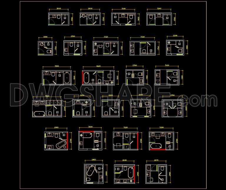 204. CAD blocks of layout plans for the functionality of bathrooms and ...