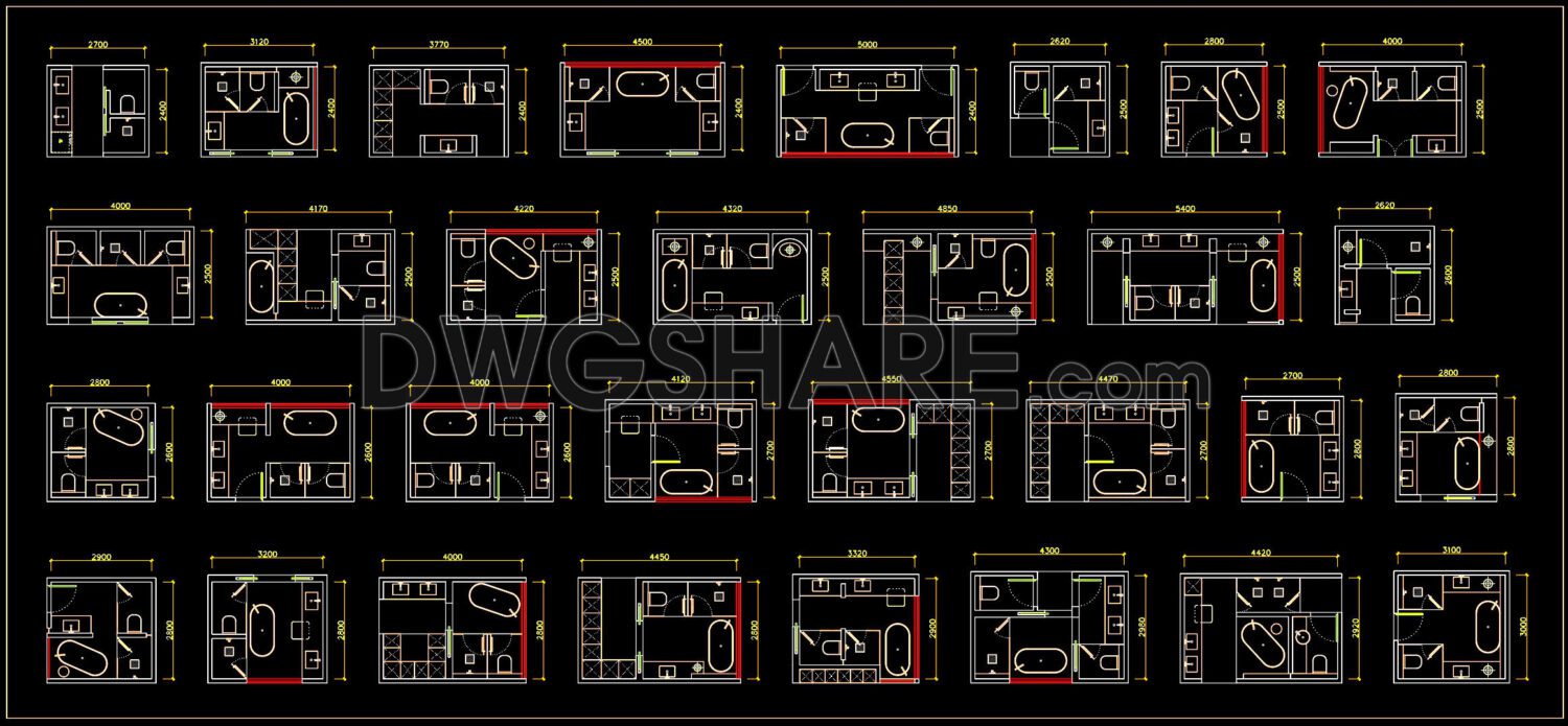 205. CAD blocks of layout plans for the functionality of bathrooms and ...