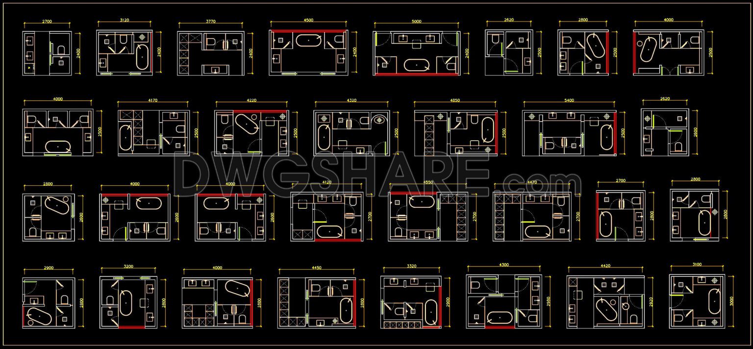 205. CAD blocks of layout plans for the functionality of bathrooms and ...