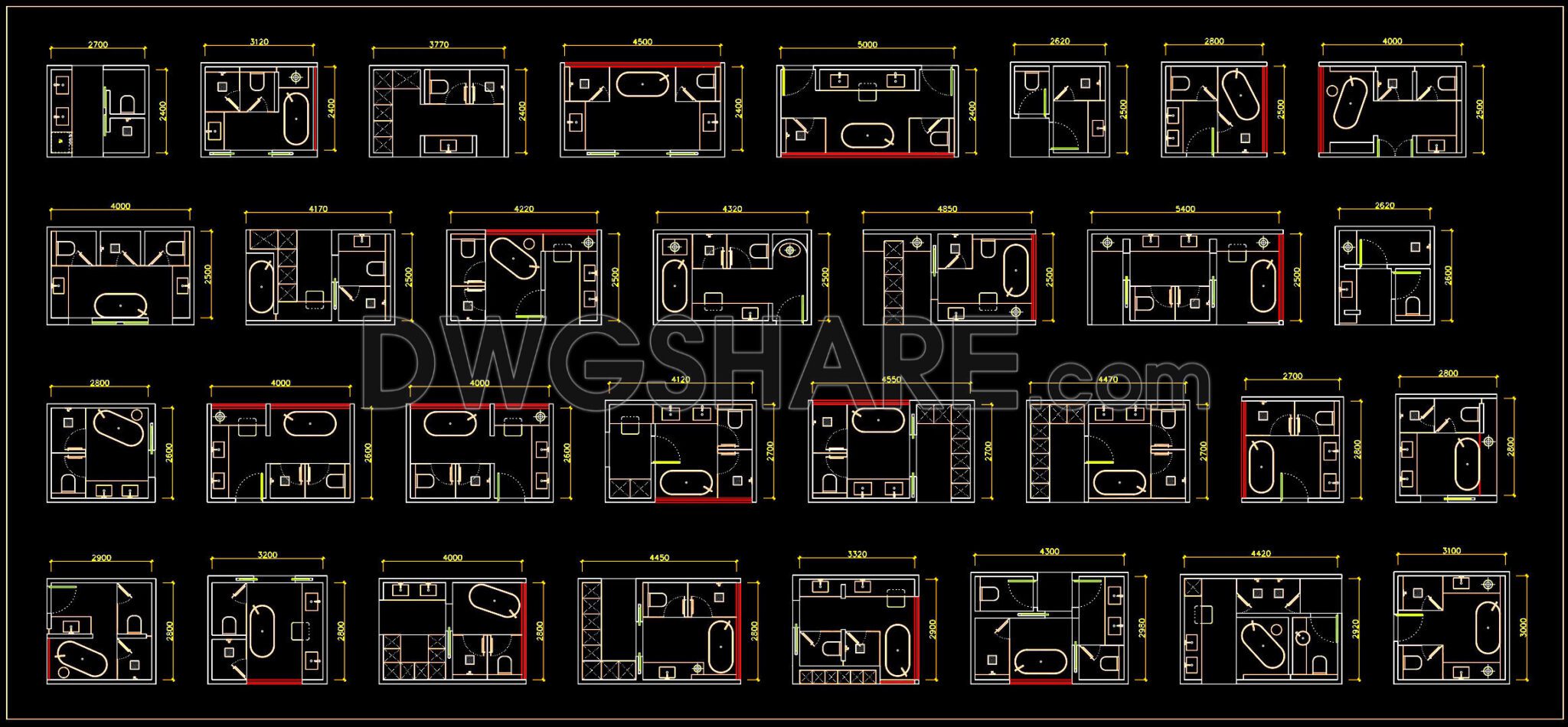205. CAD blocks of layout plans for the functionality of bathrooms and ...