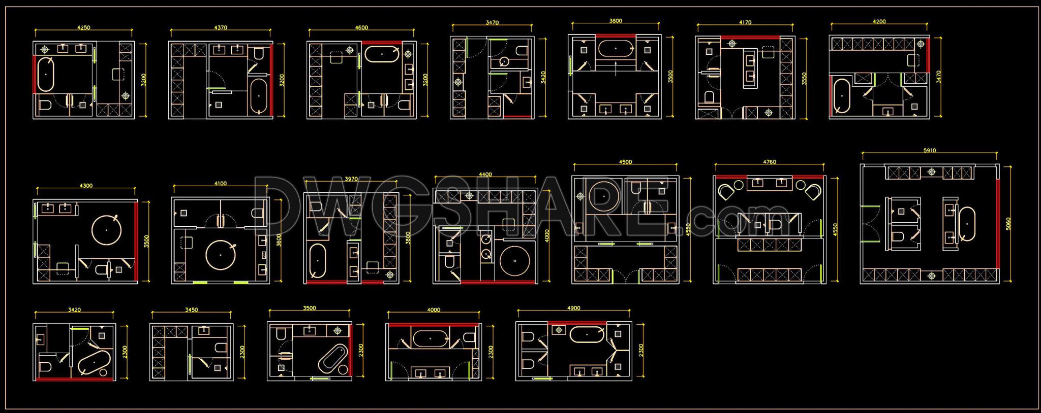 205. CAD blocks of layout plans for the functionality of bathrooms and ...