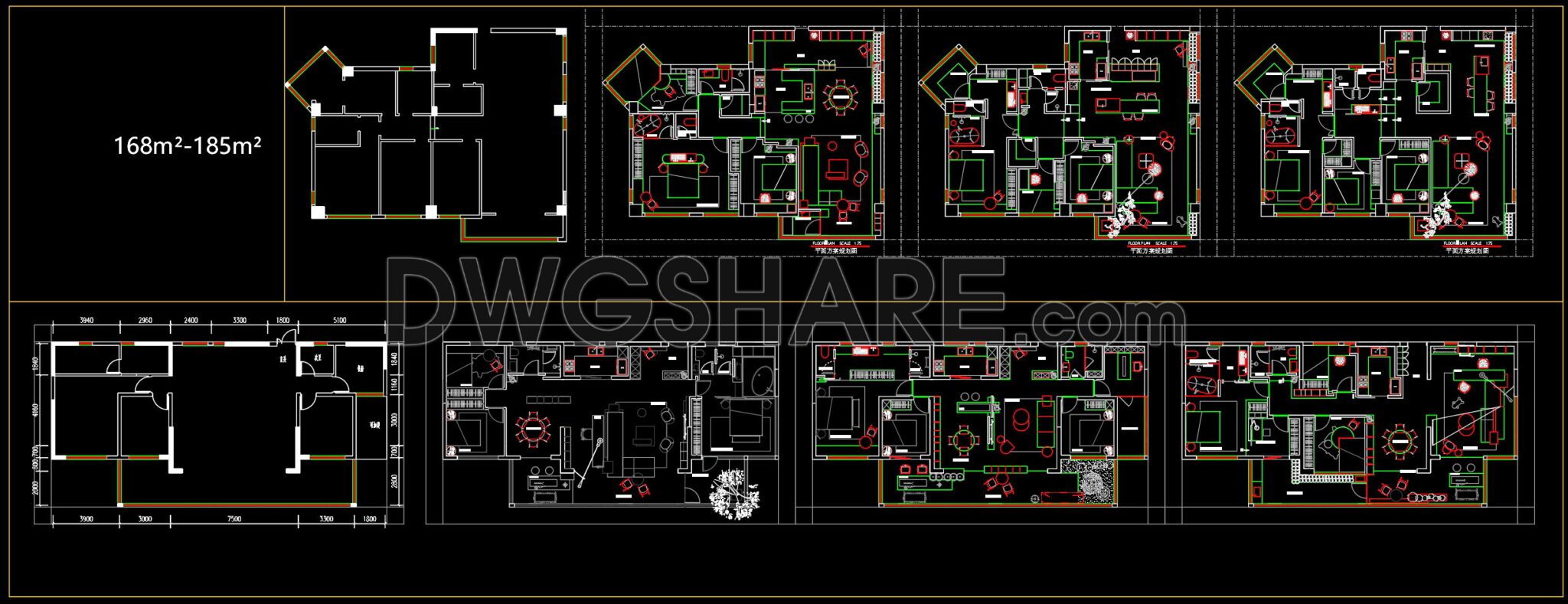 213. Functional layout plans of apartments ranging from 168m2 to 185m2