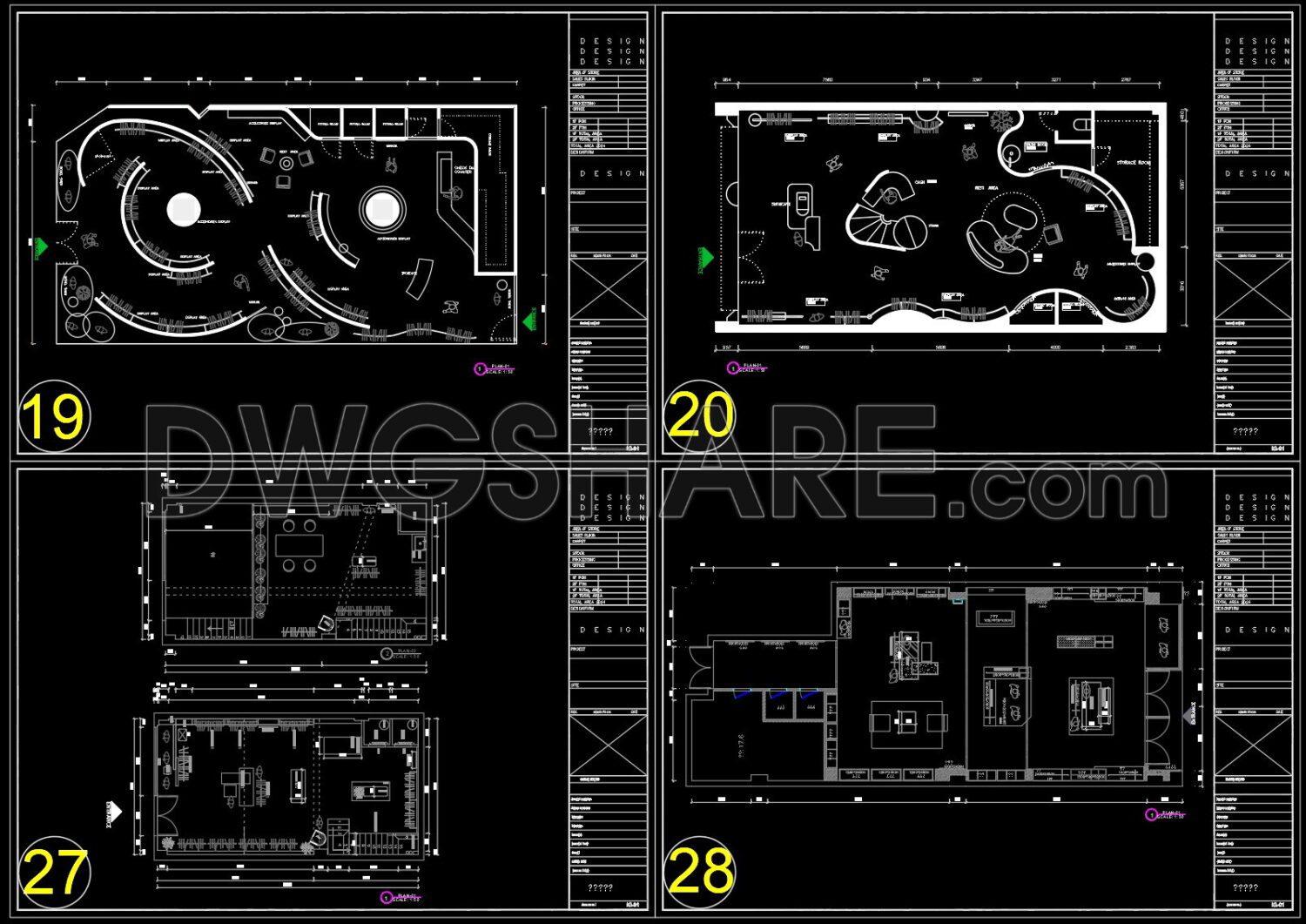 26. Cad drawings of 16 clothing store floor plan designs for download
