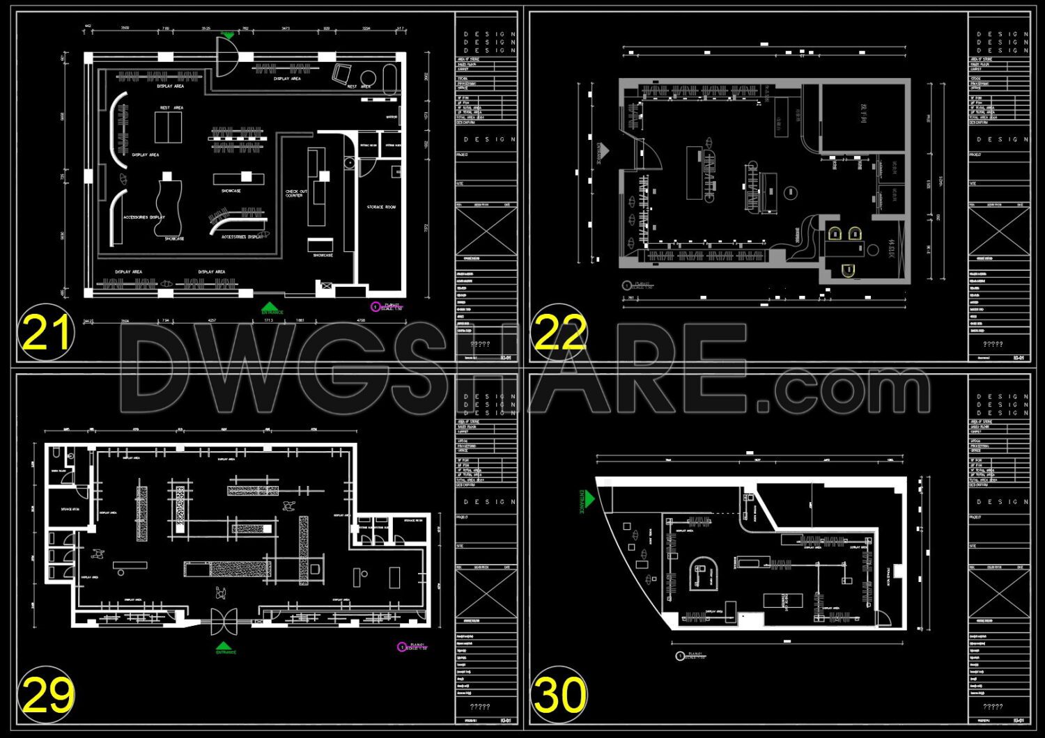 26. Cad drawings of 16 clothing store floor plan designs for download