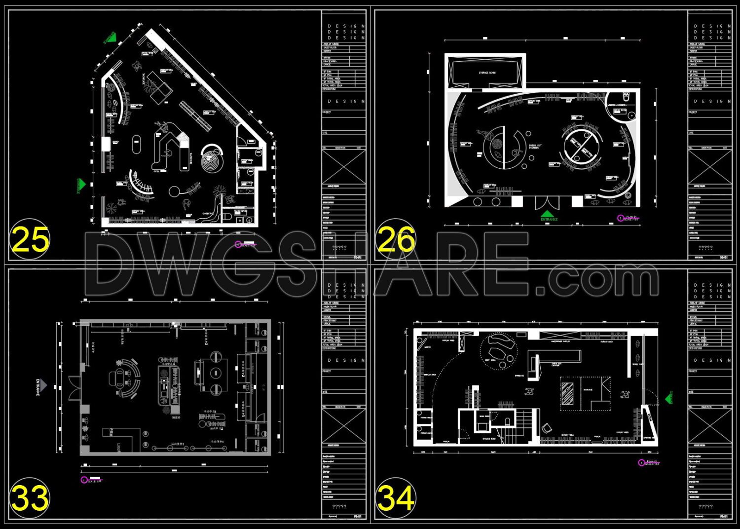 26. Cad drawings of 16 clothing store floor plan designs for download