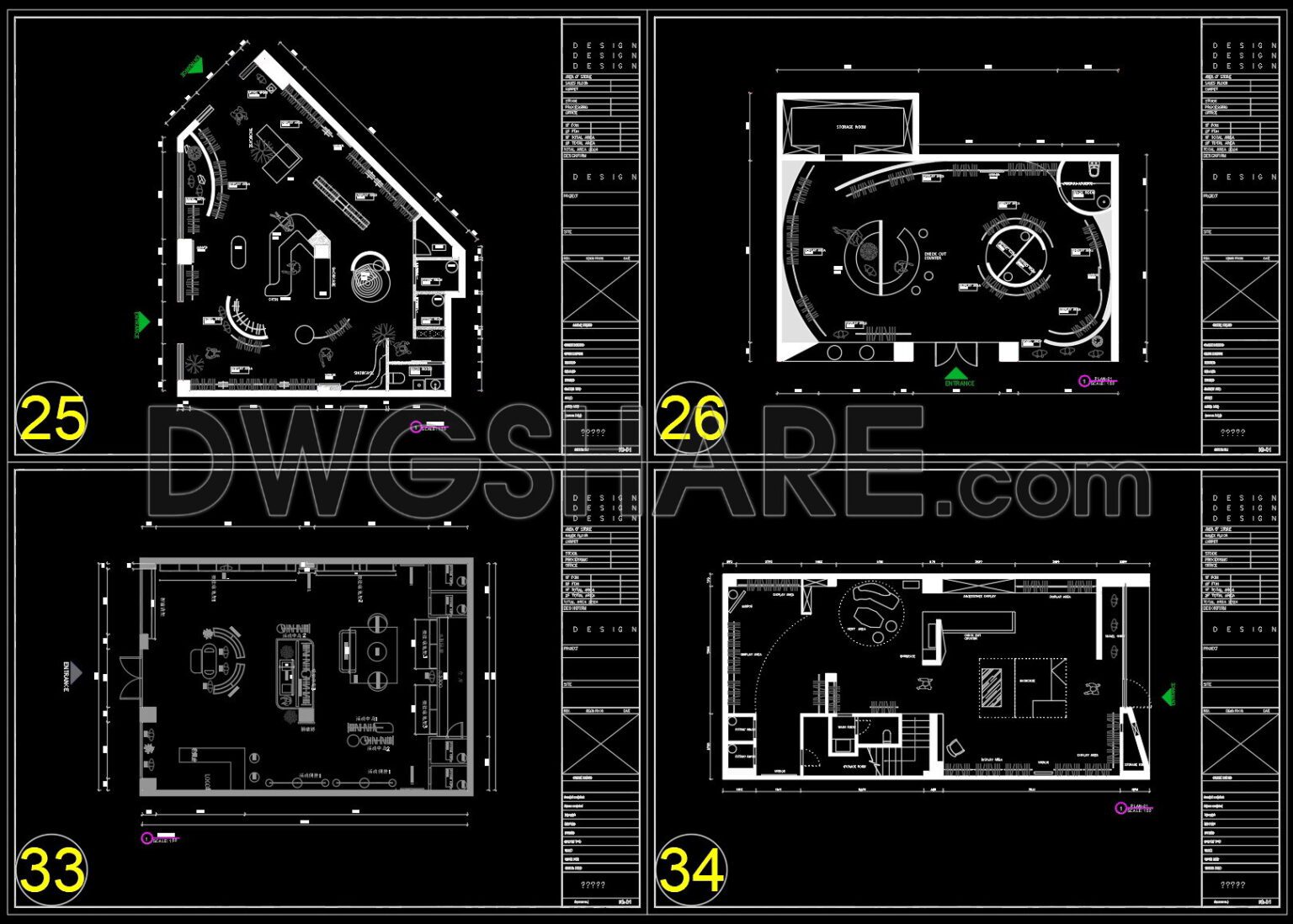 26. Cad drawings of 16 clothing store floor plan designs for download