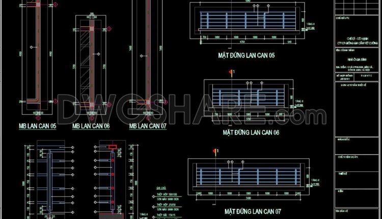 270. Detailed architectural CAD drawings of the balcony, railing, and ...