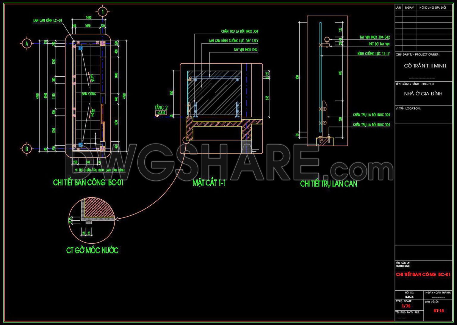 290. Detailed architectural CAD drawings of the balcony, railing, and ...