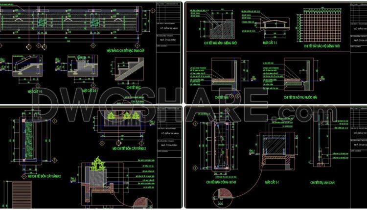 290. Detailed architectural CAD drawings of the balcony, railing, and ...