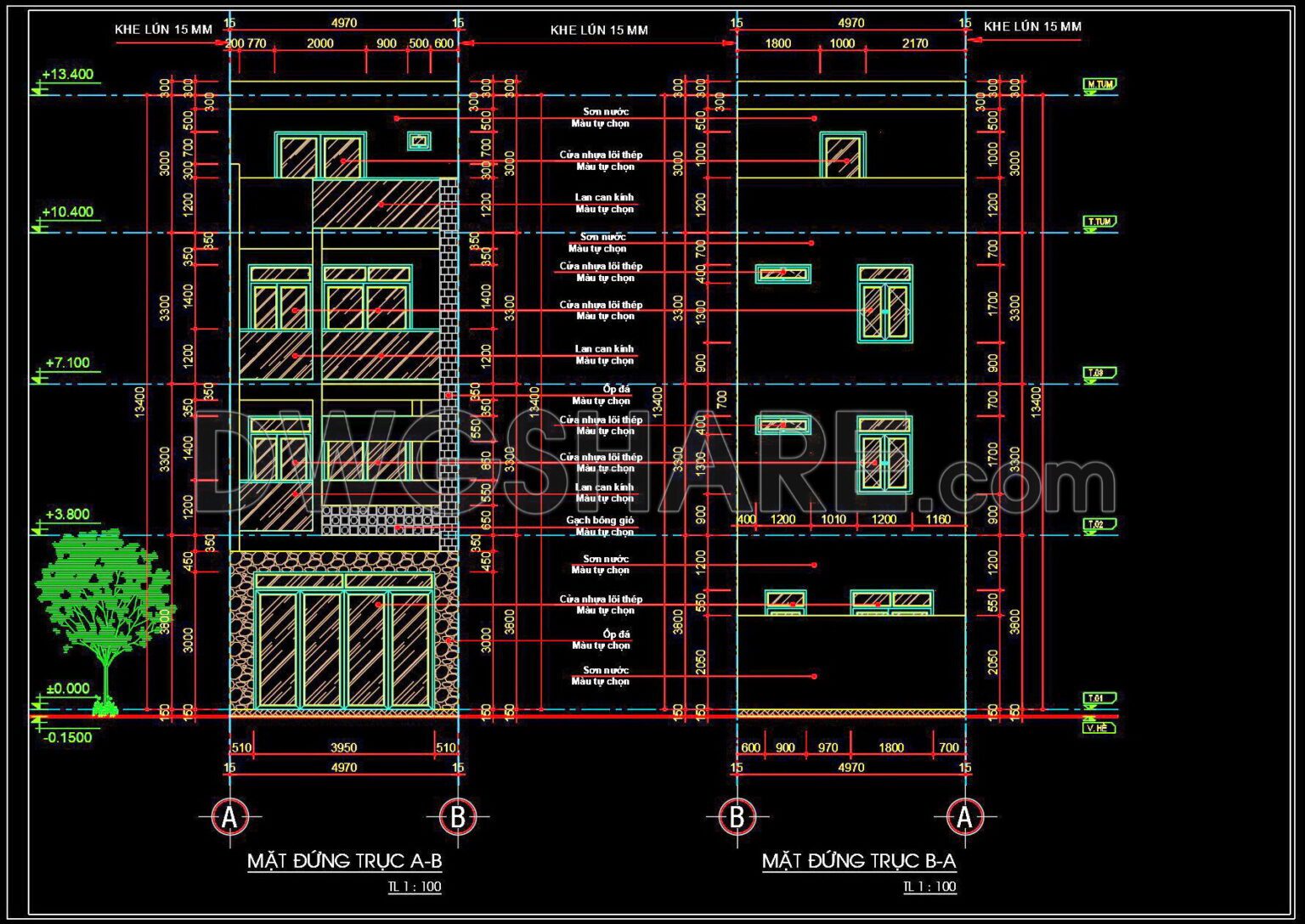 326. CAD design drawings for a 4-story townhouse with dimensions of 4 ...