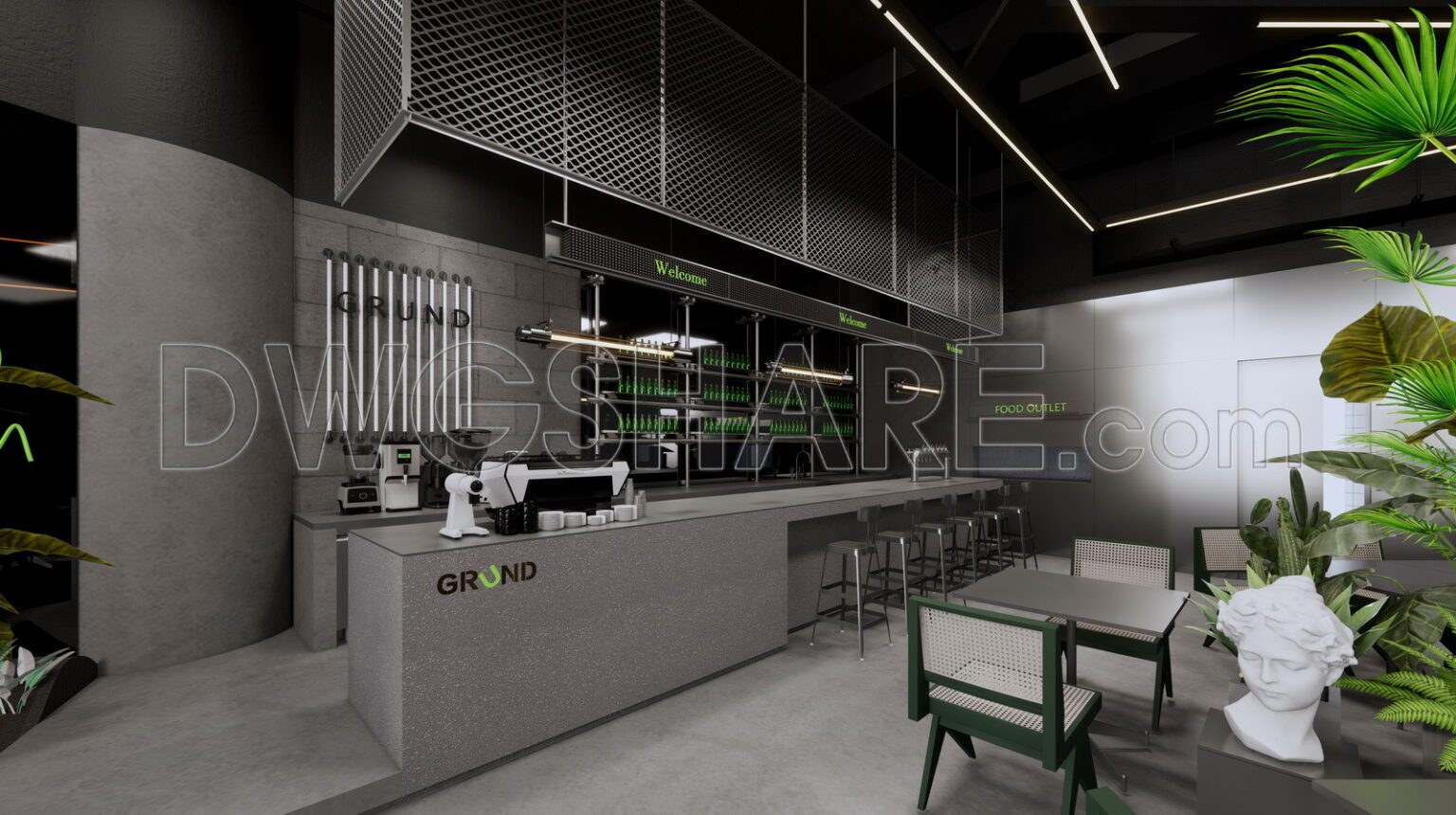 Detailed CAD drawings for the design and construction of coffee shop