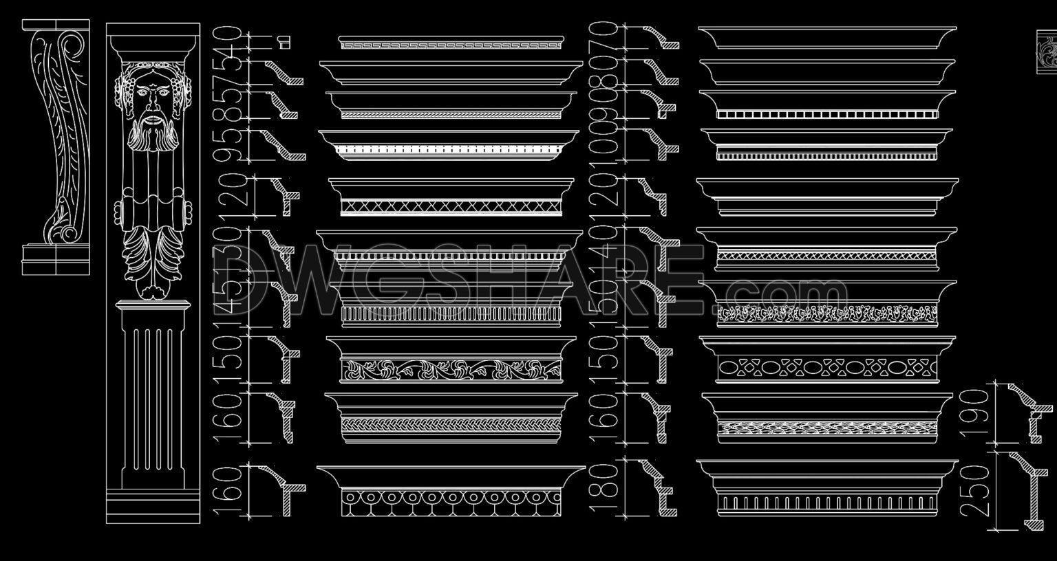 115. CAD drawings of classic molding details for kitchen cabinets download