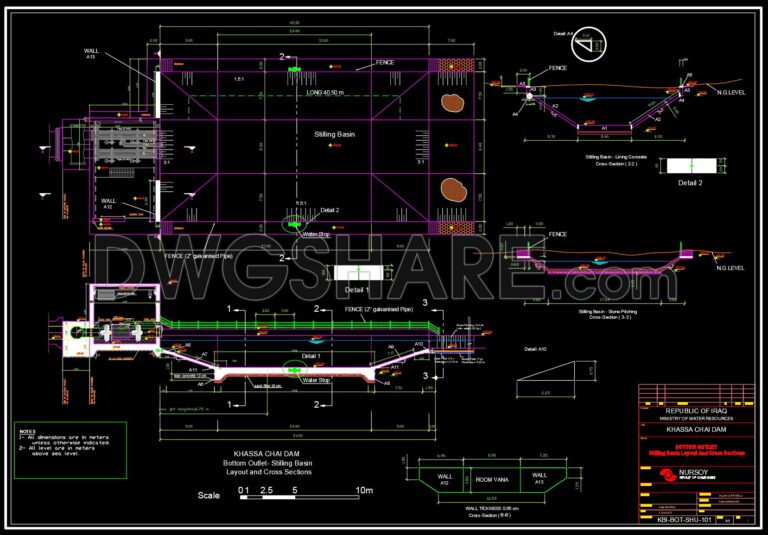195. CAD drawing Of Stilling Bassin Layout and cross sections Free download