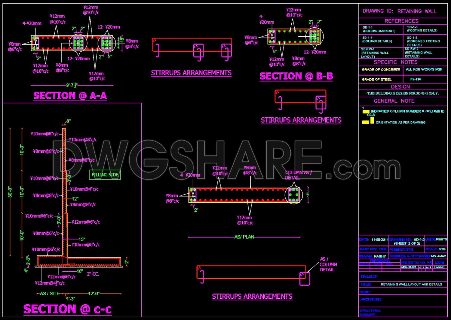 199. CAD drawing Of Retaining Wall Layout and details Free download